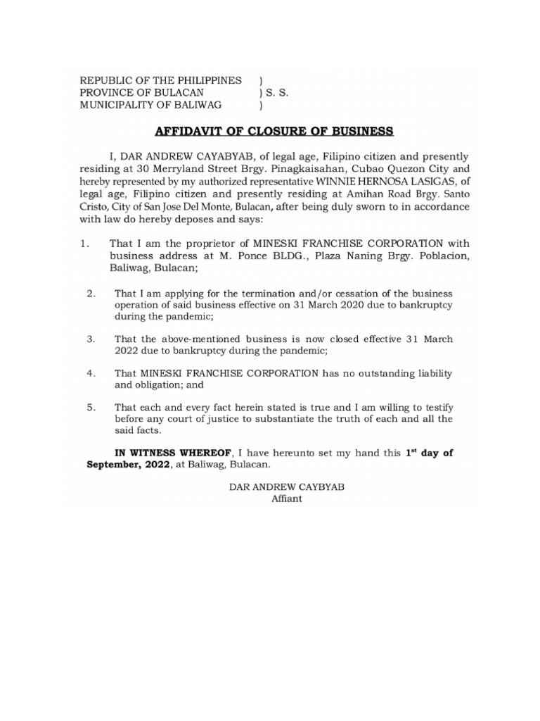 Affidavit of Closure of Business | PDF
