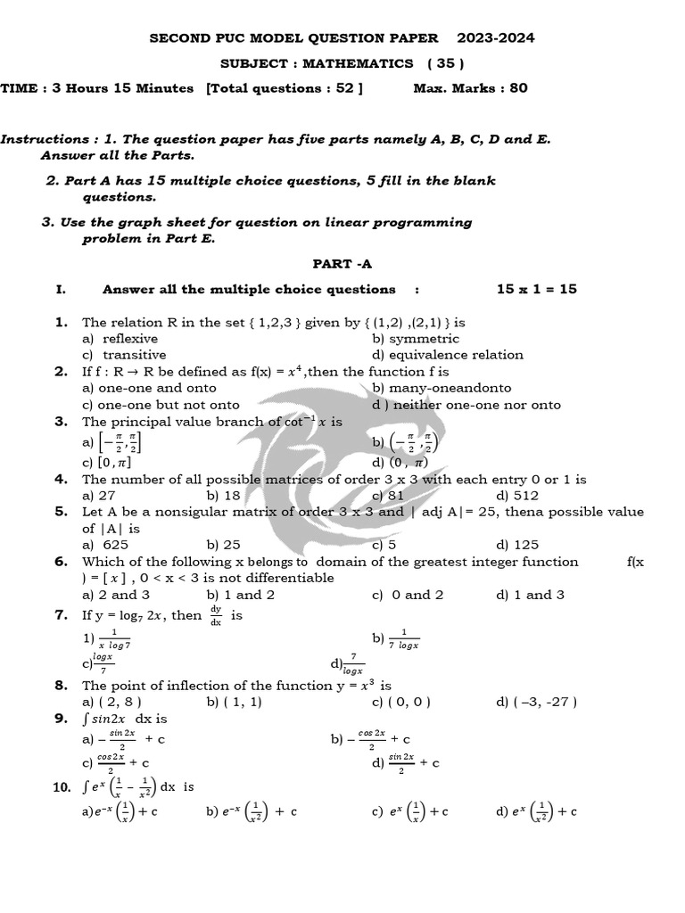 Mathematics MQP II Puc 2023-24 - Watermark | PDF | Equations | Matrix ...