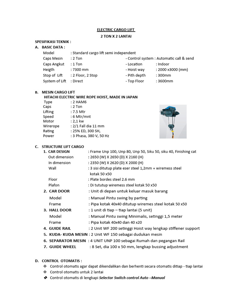 Spek Electric Cargo Lift | PDF