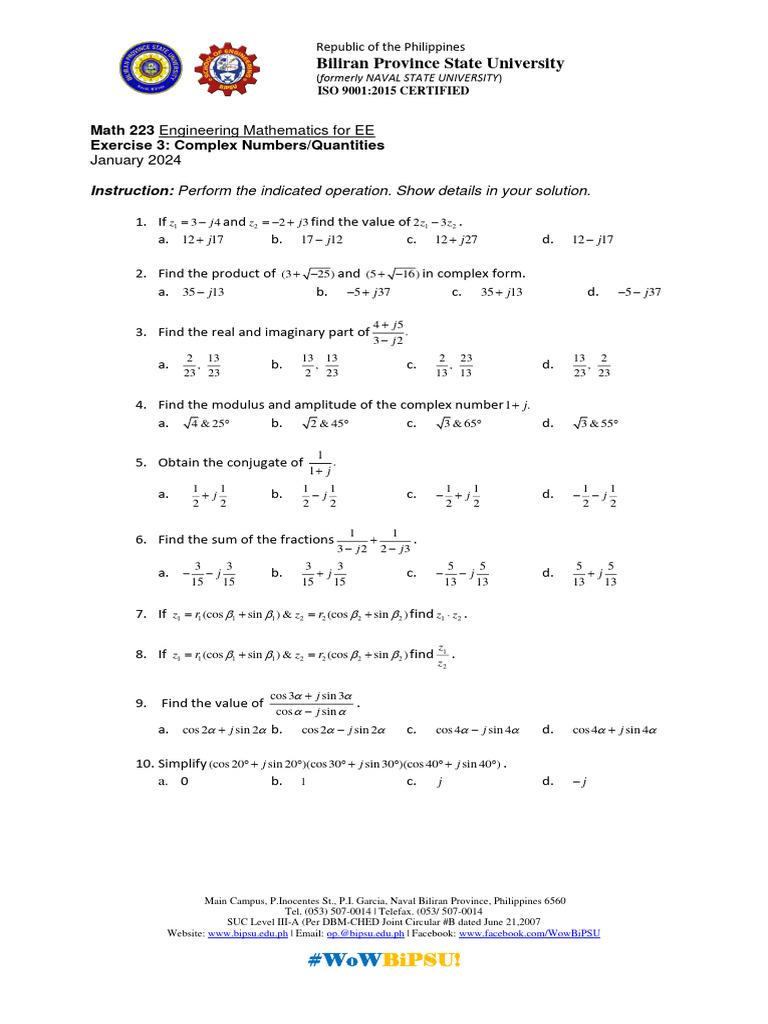Exercise 3 Complex Numbers | PDF | Complex Number | Complex Analysis