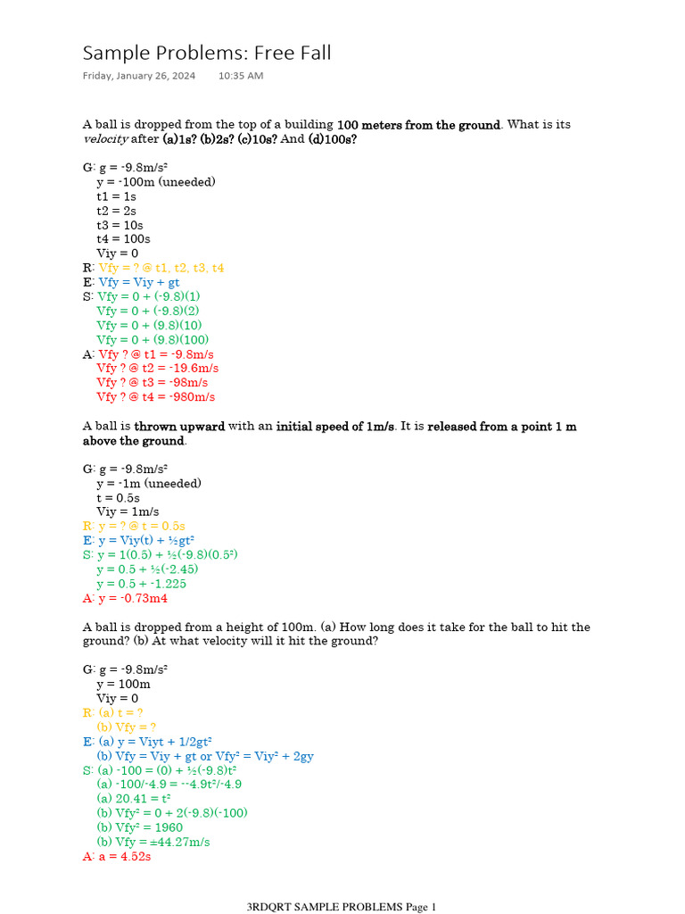 Sample Problems Free Fall | Download Free PDF | Quantity | Physics