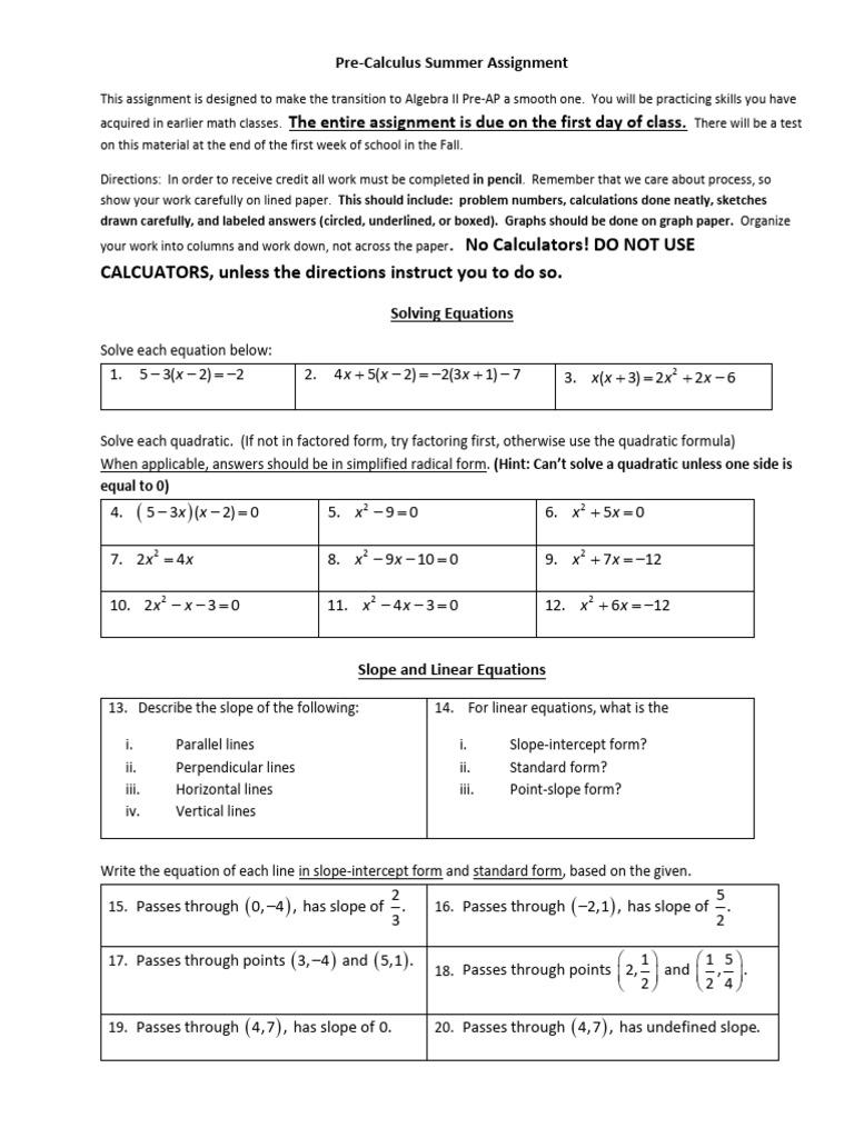 Pre-Calculus Summer Assignment Guide | PDF | Quadratic Equation ...