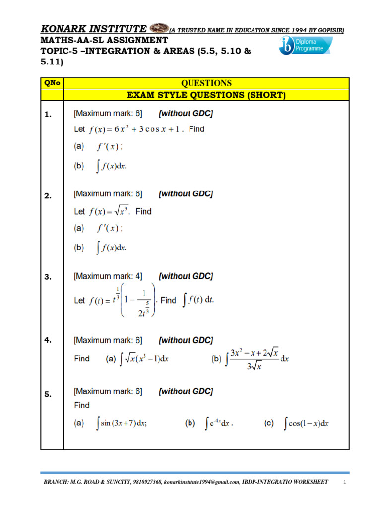 IBDP Math AA SL Integration Worksheet | PDF | Mathematical Analysis ...