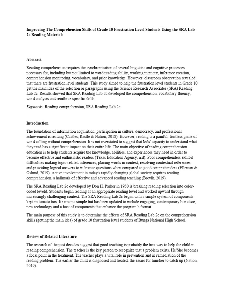 Improving the Comprehension Skills of Grade 10 Frustration Level Students Using the SRA Lab 2c ...