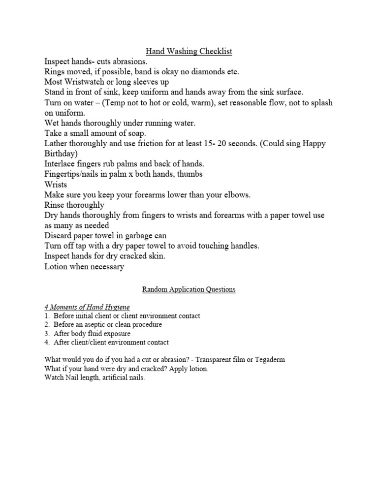Hand Washing Checklist | PDF Hand Washing Checklist | PDF