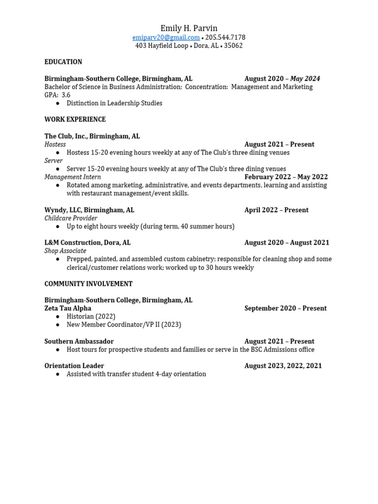 Emily Parvin's Business Resume | PDF | Career & Growth | Law