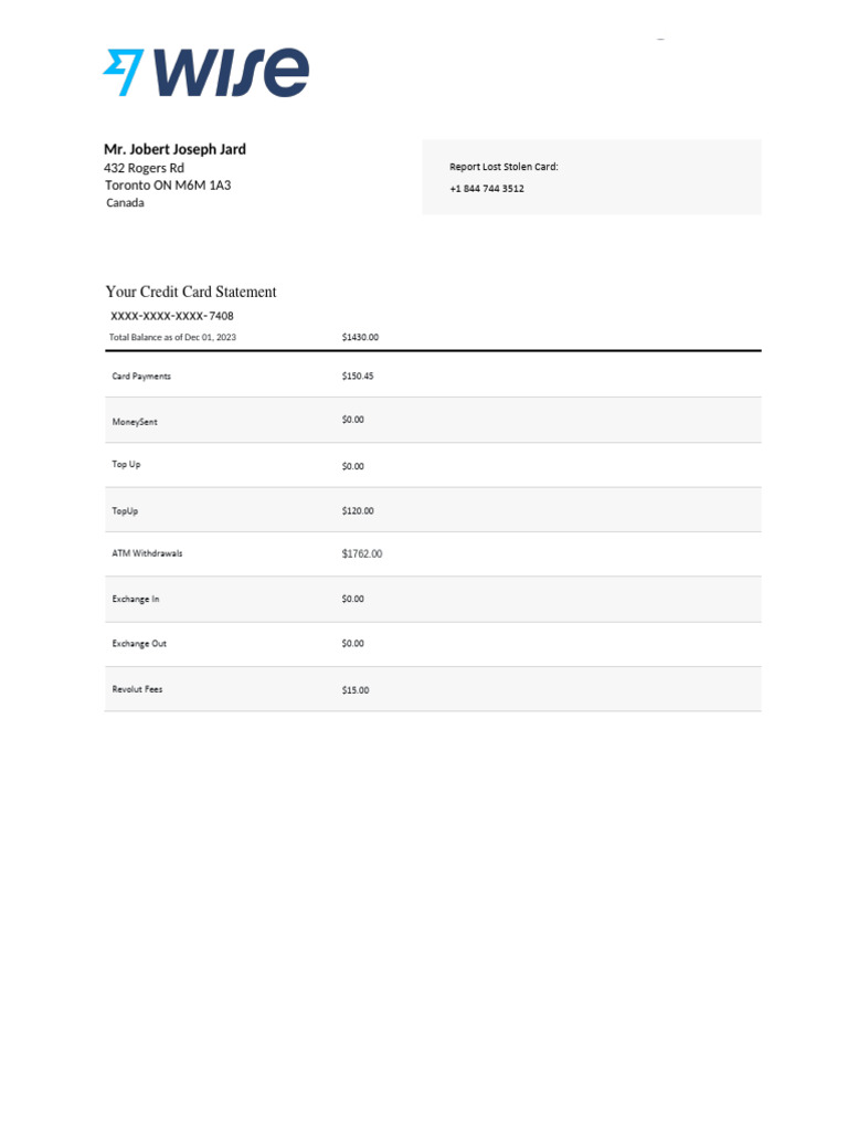 Wise Credit Card Statement | PDF