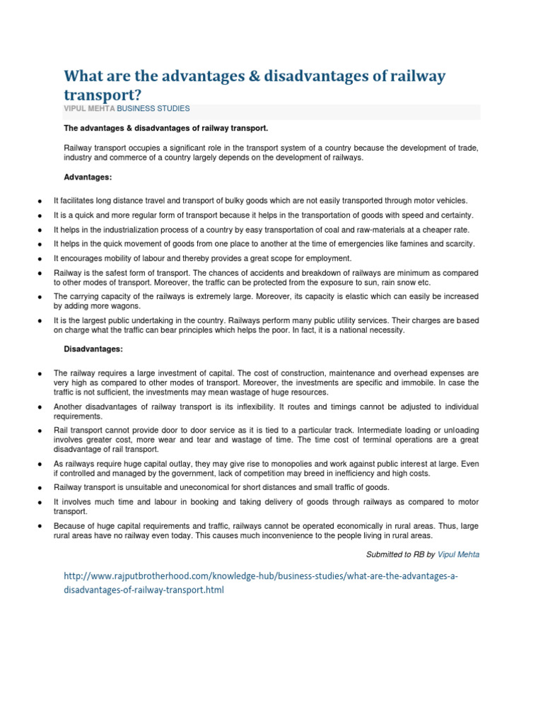 Advantages Disadvantages Railway | PDF | Transport | Rail Transport