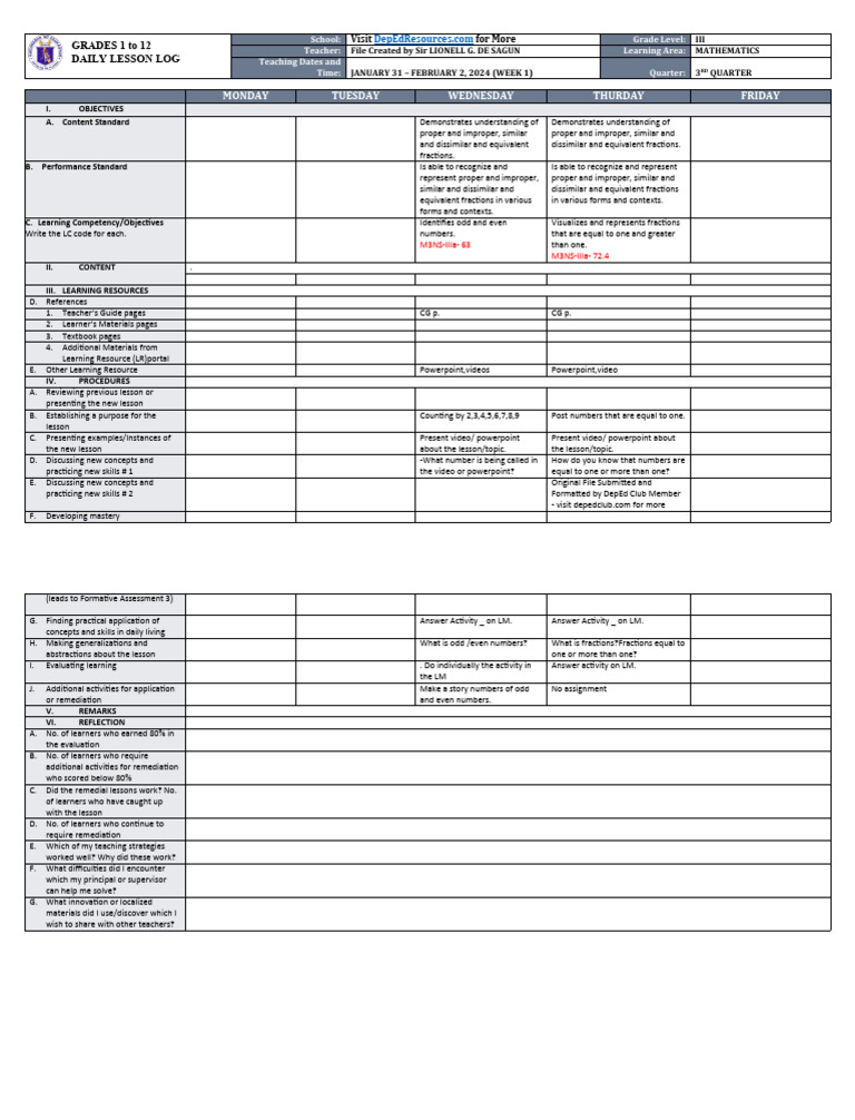 DLL - Mathematics 3 - Q3 - W1 | PDF | Learning | Teaching