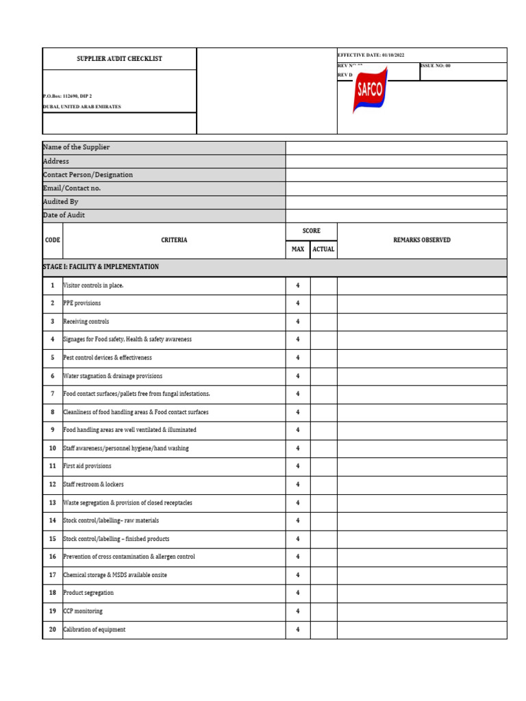 SAFCO FRM 20 Supplier Audit Checklist | PDF