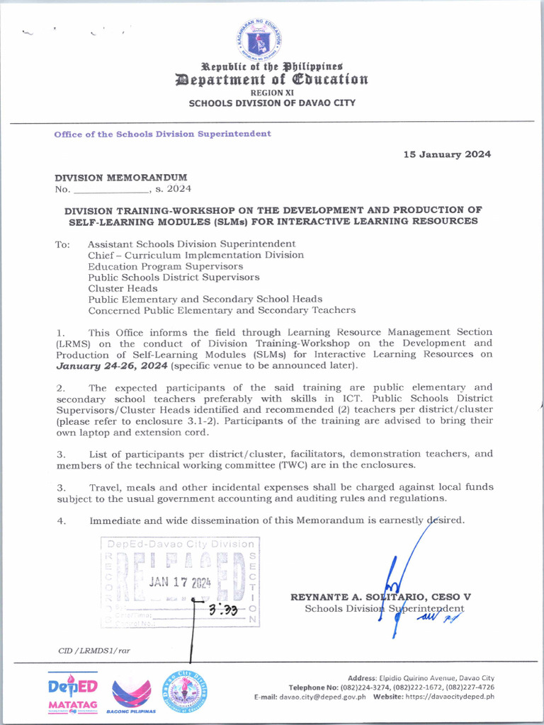 2024-UNNUMBERED MEMO RE DIVISION TRAINING-WORKSHOP ON THE DEVELOPMENT ...