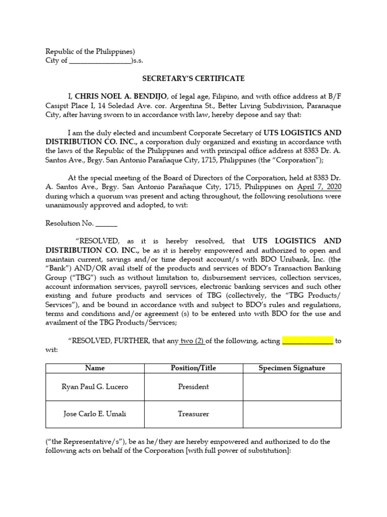Uts - Sec. Cert. Bdo | PDF Uts - Sec. Cert. Bdo | PDF