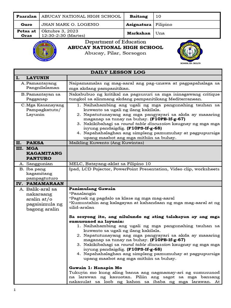 Filipino 10 Unang Markahan - 7 | PDF