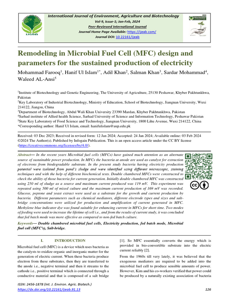 Remodeling in Microbial Fuel Cell (MFC) Design and Parameters For The Sustained Production of ...