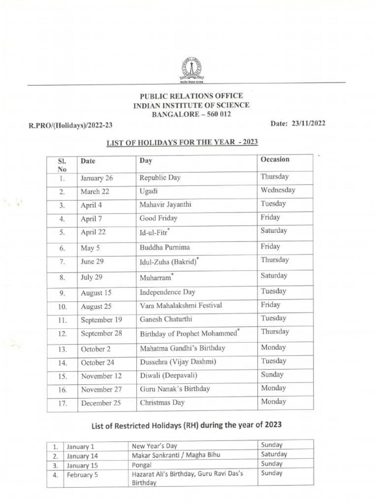 Holiday List IISc | PDF
