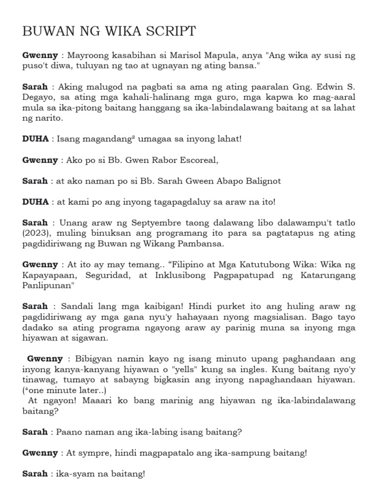 Buwan NG Wika Emcee Script | PDF