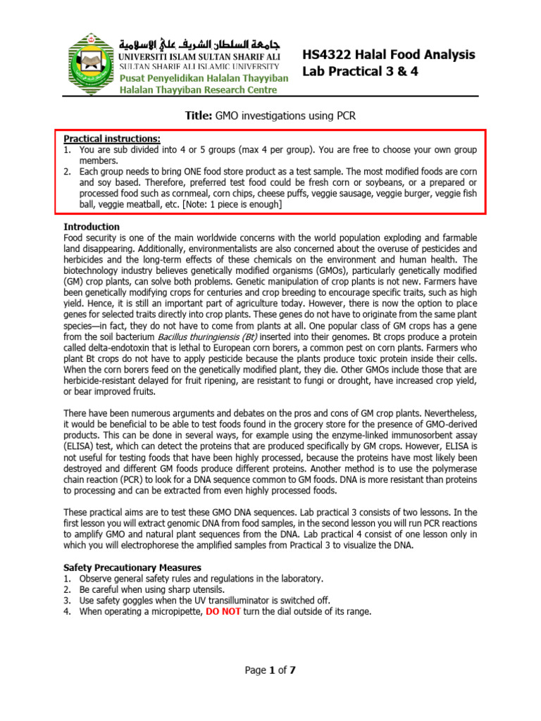 HS4322 Halal Food Analysis Lab Practical 3 & 4: Title: GMO ...