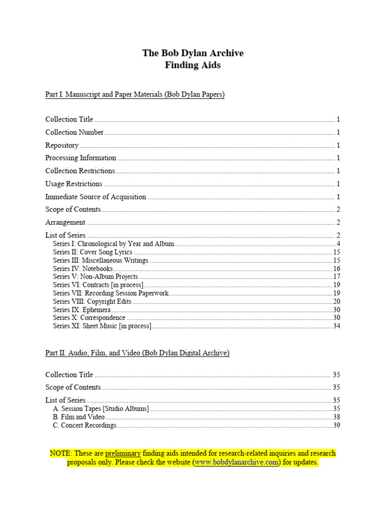 Bob Dylan Archive Public Finding Aid March 2017 | PDF