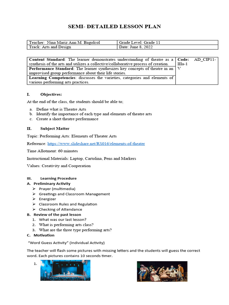 Semi-Detailed Lesson Plan I Shs | PDF | Lesson Plan | Theatre