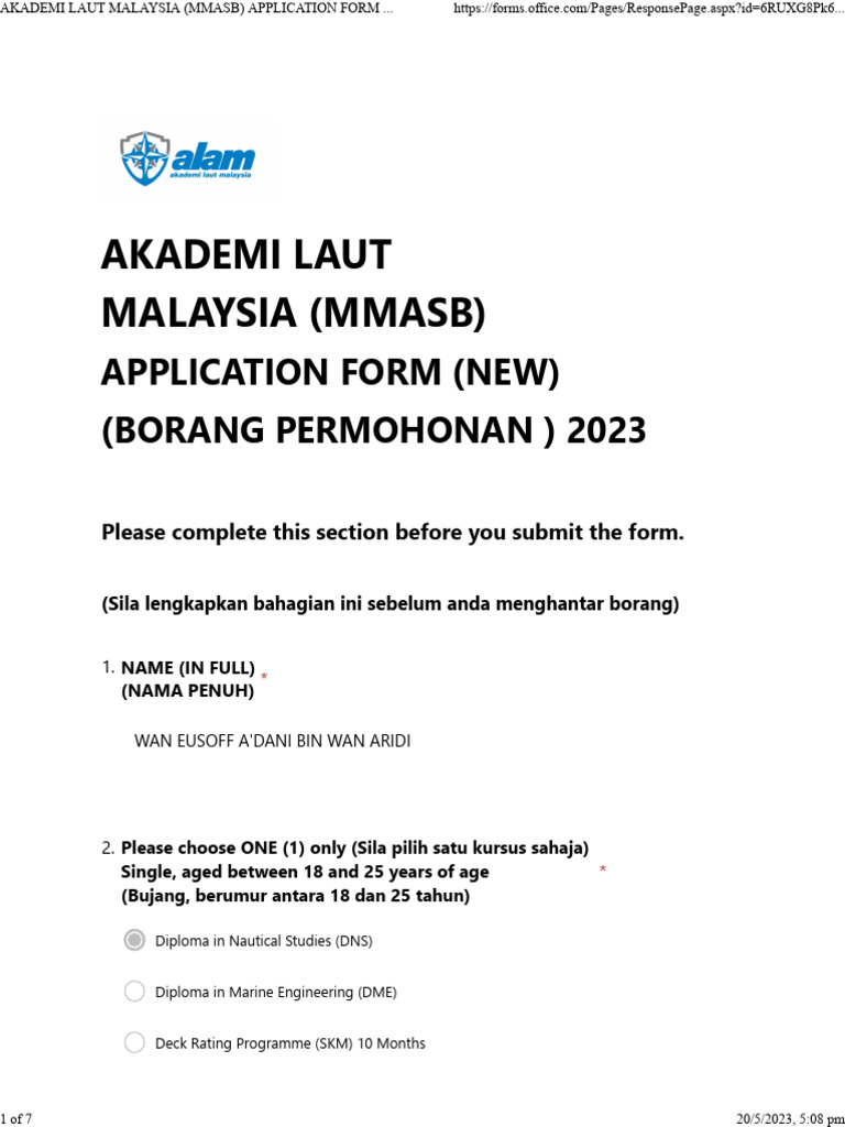 Akademi Laut Malaysia (Mmasb) Application Form (New) (Borang Permohonan) 2023 | PDF