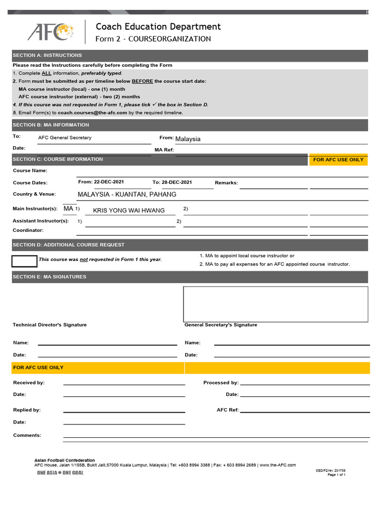 AFC Course Organization Form | PDF | Association Football | Asia