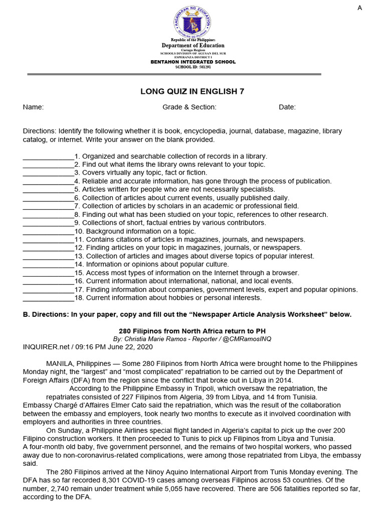 English 7 Long Quiz | PDF