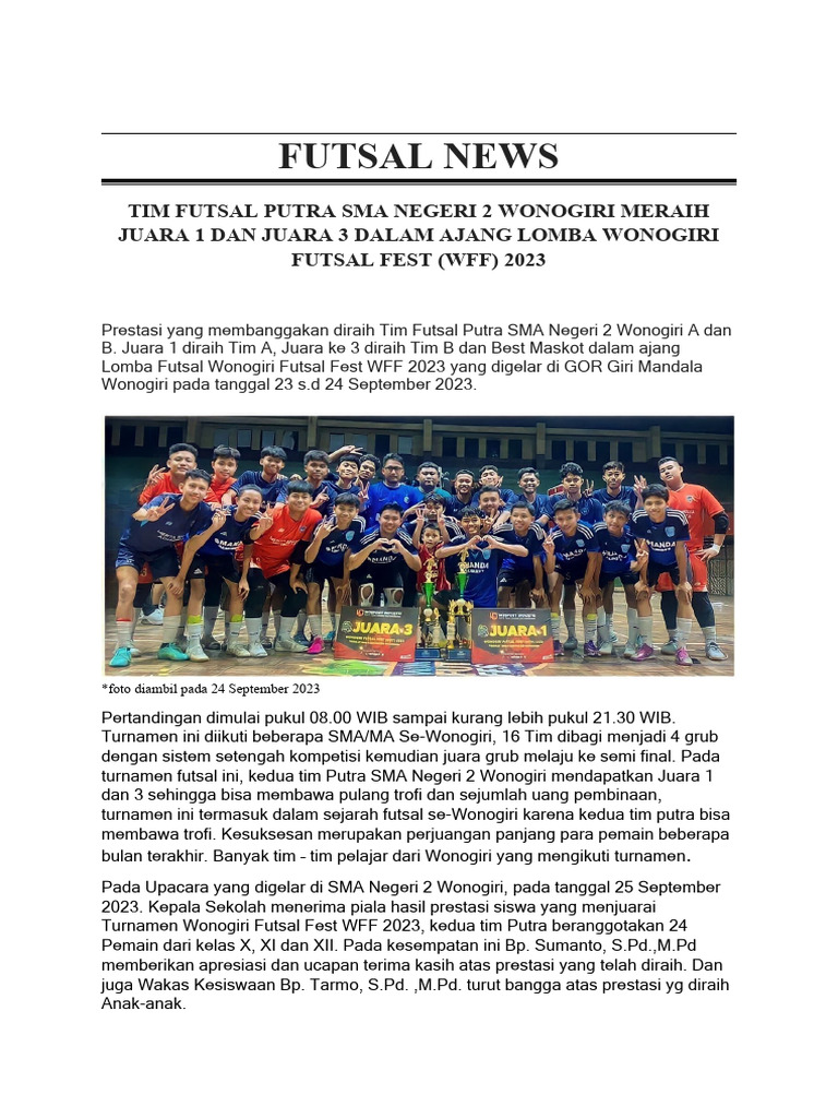 Tim Futsal Putra Sma Negeri 2 Wonogiri Meraih Juara 1 Dan Juara 3 Dalam Ajang Lomba Wonogiri ...