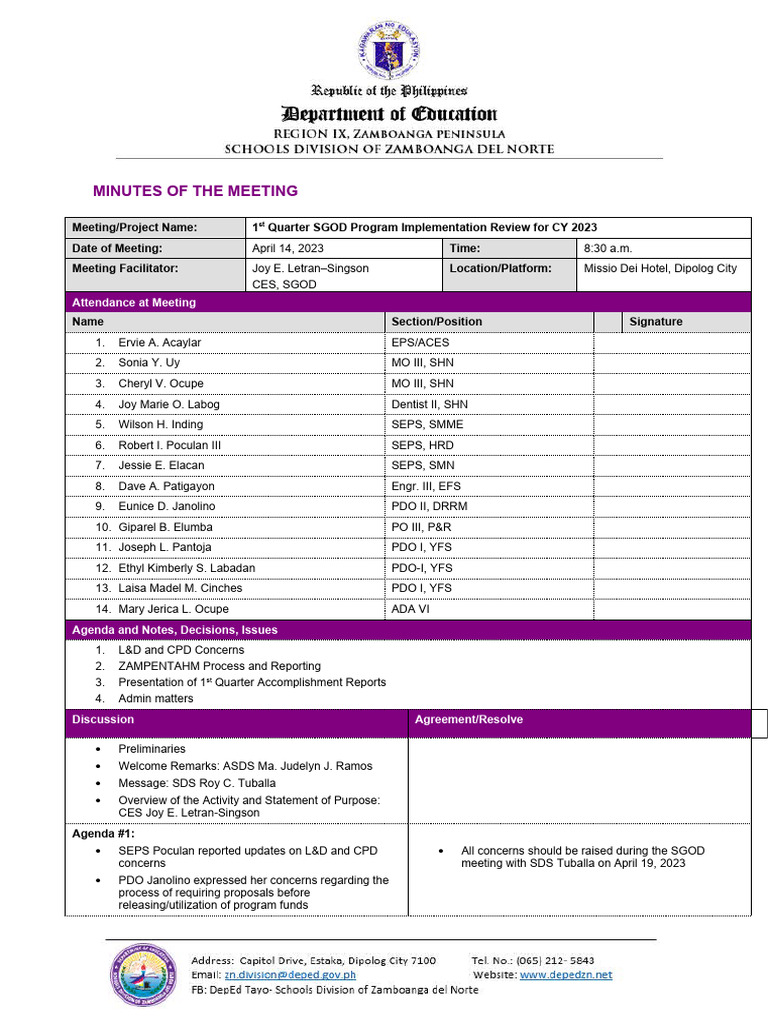 Minutes of Meeting 2nd Quarter Devleopment Meeting | PDF