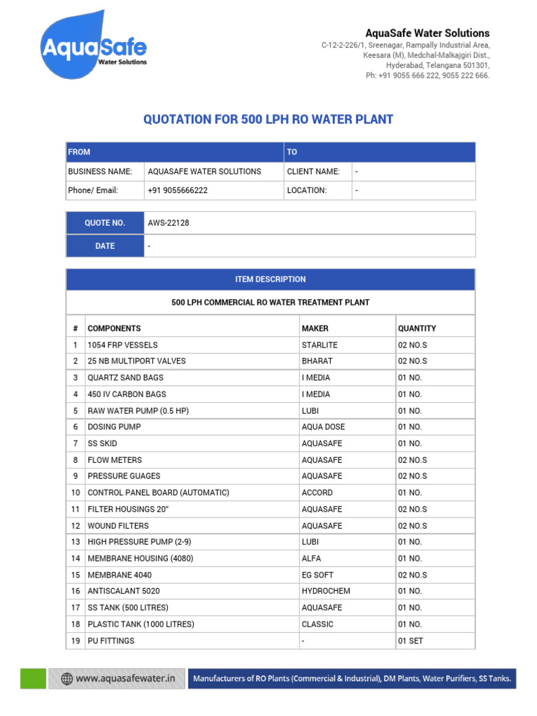 500-LPH-RO-Water-Plant-Quotation-PDF-Basic | PDF