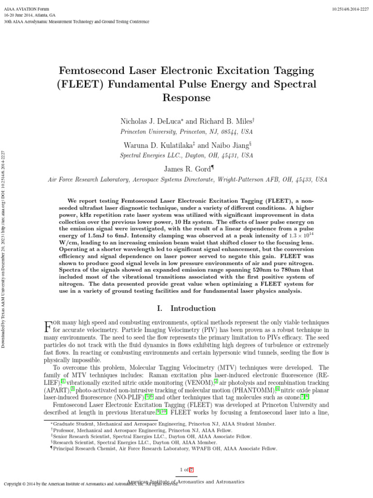 Deluca Et Al 2014 Femtosecond Laser Electronic Excitation Tagging (Fleet) Fundamental Pulse ...