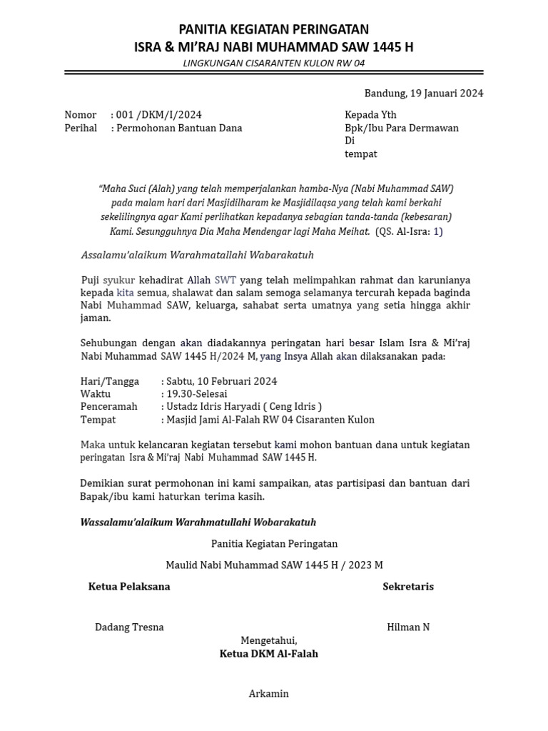 Surat Pengantar Permintaan Sumbangan Rajaban 1445 H | PDF