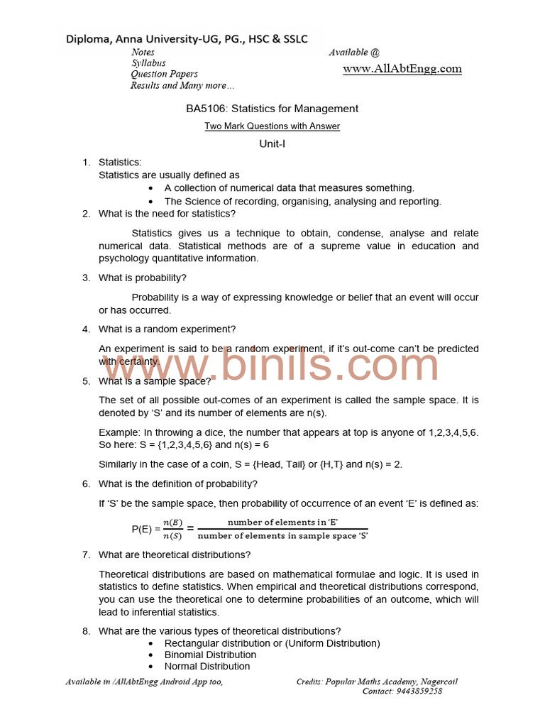 Statistics For Management Unit 1 2marks Pdf