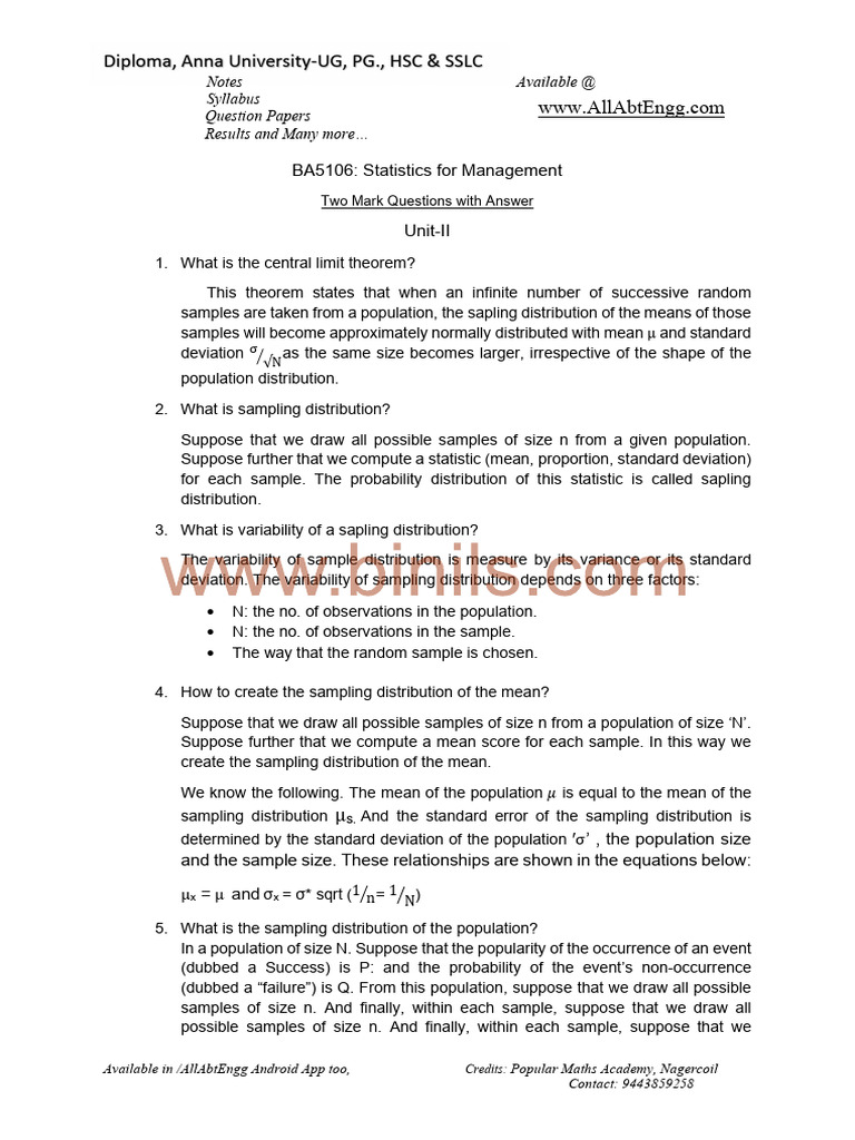 Statistics For Management Unit 2 2 Marks | Download Free PDF | Variance | Standard Error