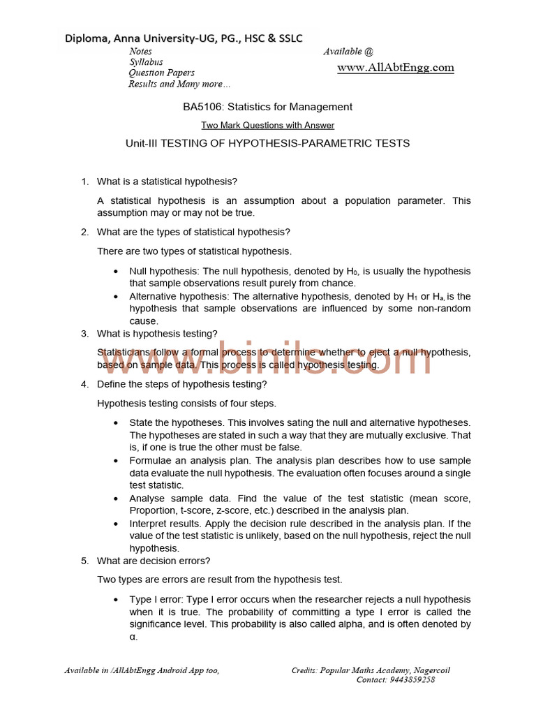 Statistics For Management Unit 3 2marks Pdf Statistical Hypothesis Testing Type I And Type