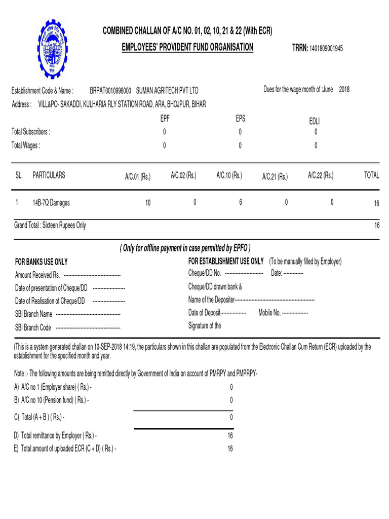 EPF Challan Interest For June'18 | PDF | Cheque | Economies