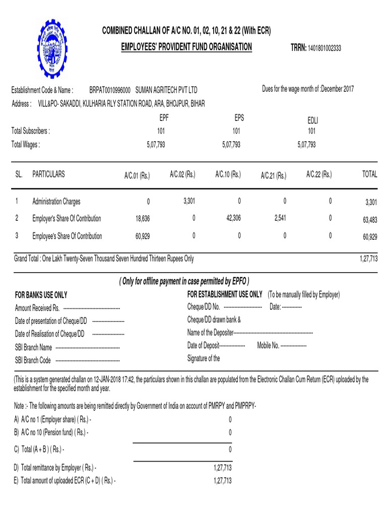 EPF Challan - Dec'17 | PDF