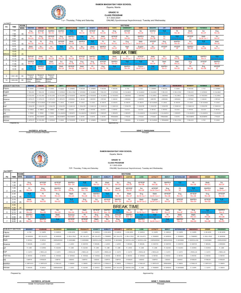 Grade 10 Class Schedule 2023-2024 | PDF | Observation | Mathematics