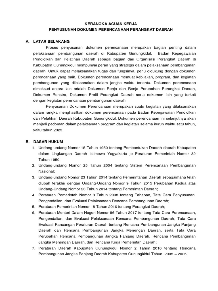 Kak Penyusunan Dokumen Perencanaan Perangkat Daerah | PDF