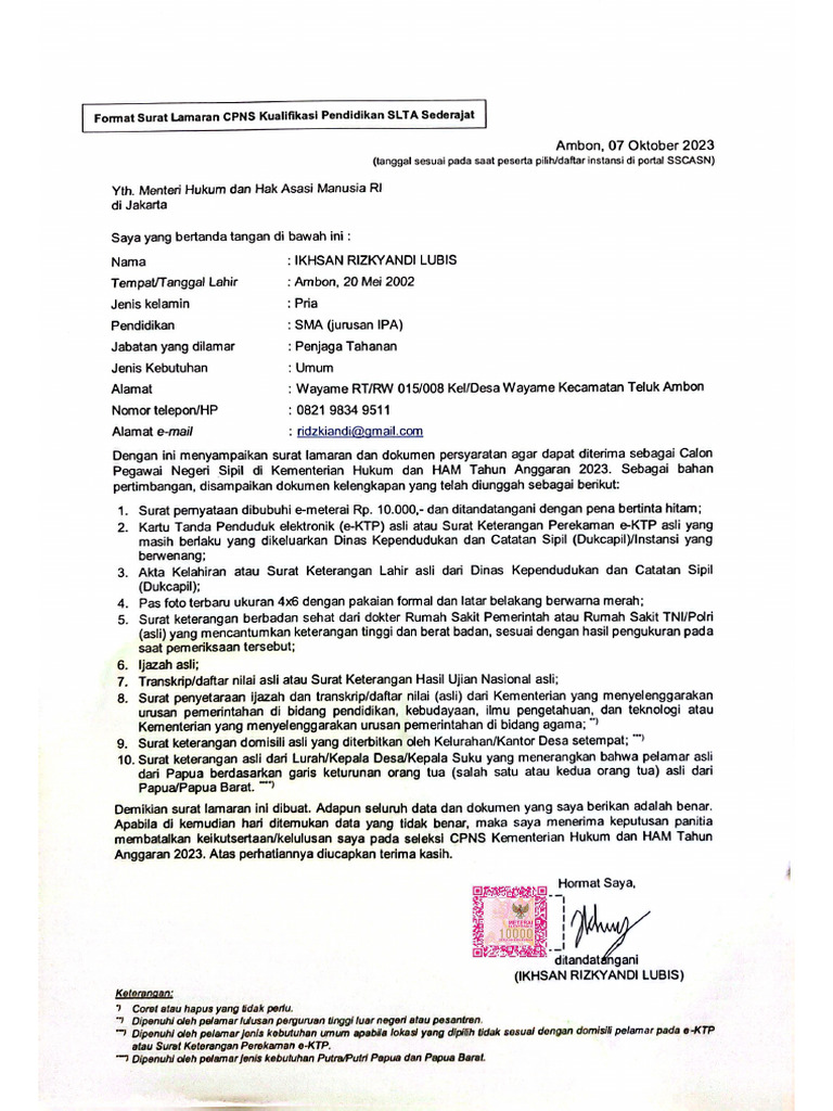 Surat Lamaran CPNS Kualifikasi Pendidikan SLTA Sederajat | PDF