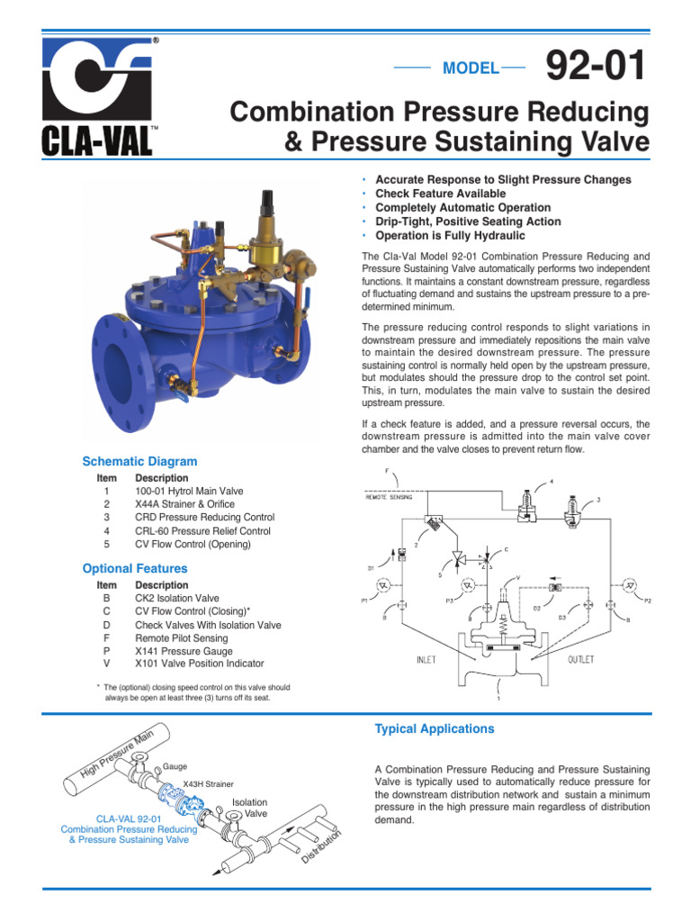 Cla-Val 92-01 Pressure Reducing Valve | PDF | Valve | Gas Technologies