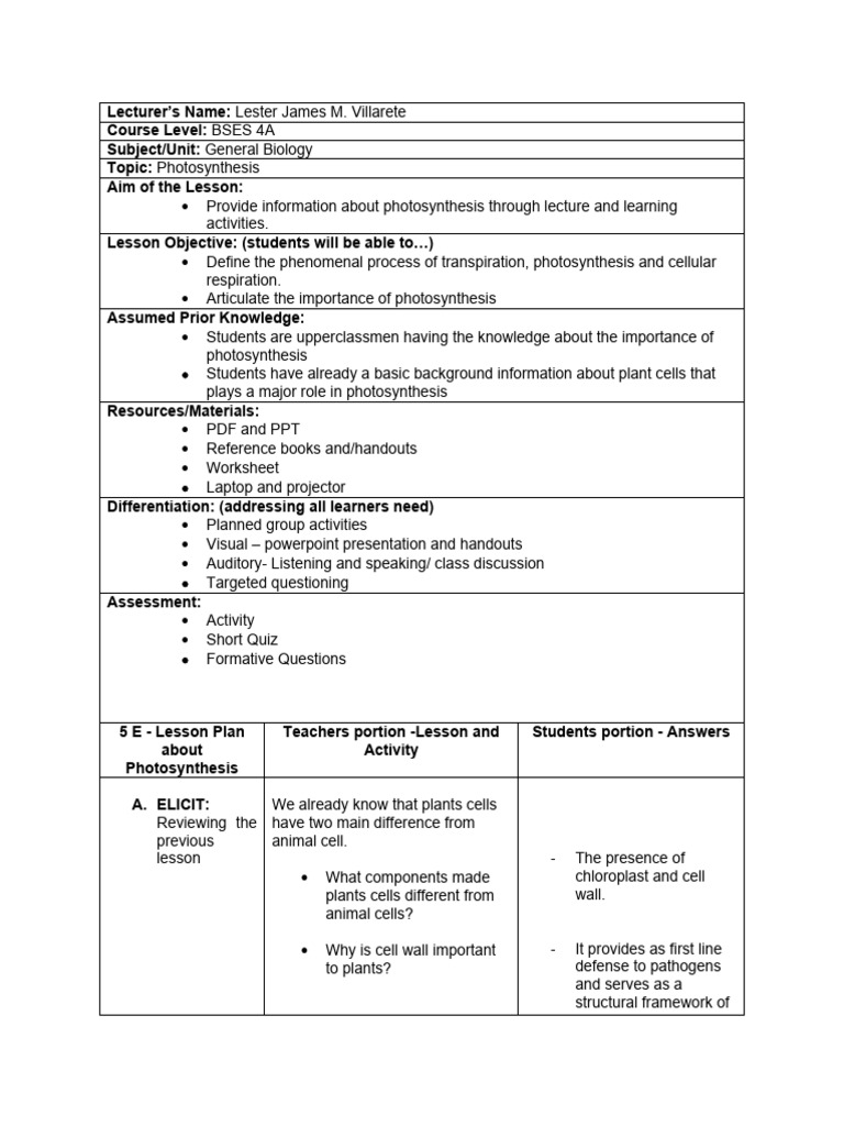 Photosynthesis LESSON PLAN | PDF