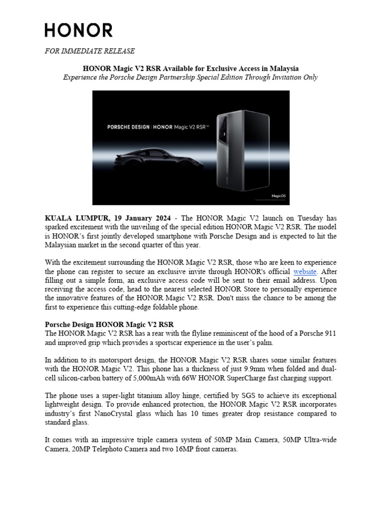 (English Release) HONOR Magic V2 RSR Available For Exclusive Access in Malaysia | PDF ...