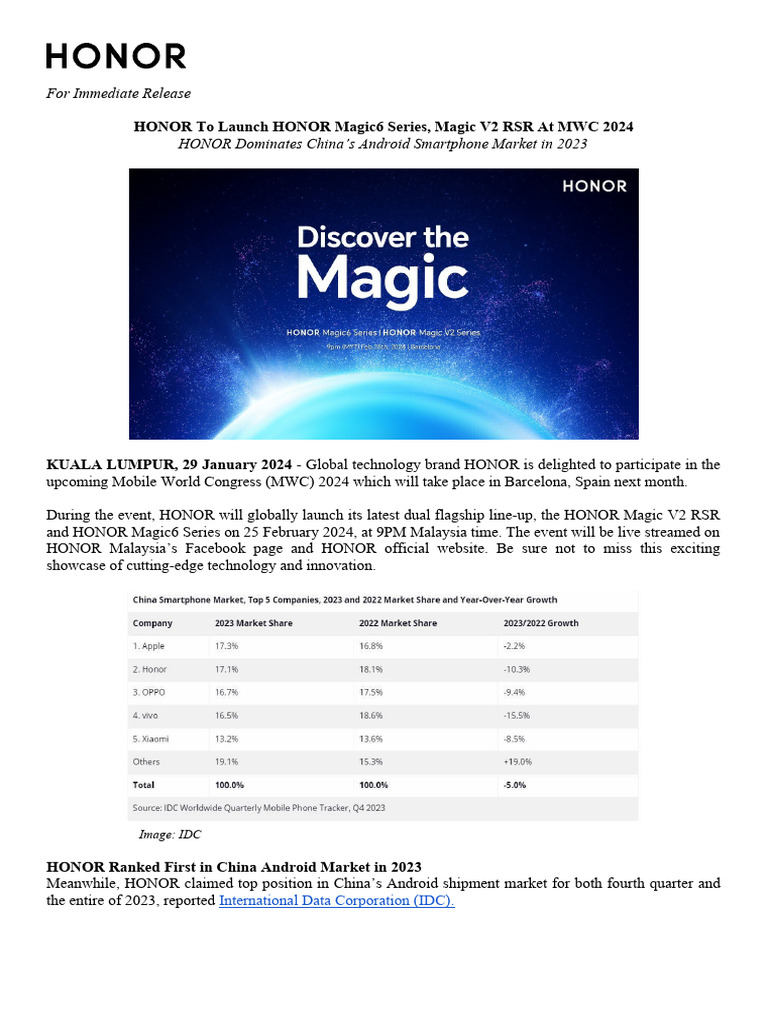 (English Release) HONOR To Launch HONOR Magic6 Series, Magic V2 RSR at MWC 2024 | PDF | Business ...