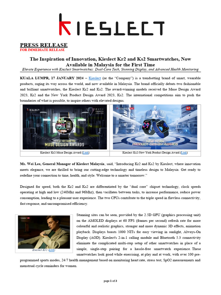 Kieslect Kr2 & Ks2 Smartwatches Launch | PDF | Smartwatch | Wearable Technology