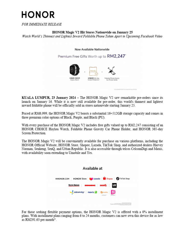 (English Release) HONOR Magic V2 Hit Stores Nationwide On January 25 | PDF | Mobile Computers ...