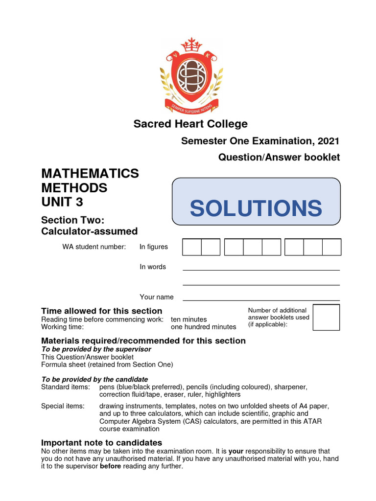 12mam Sem 1 Exam 2021 (Calc) Solns | PDF