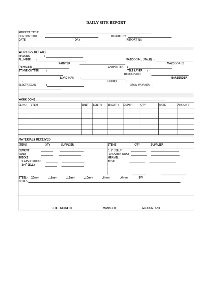 Daily Site Report-Sample | PDF | Building Technology | Civil Engineering Daily Site Report-Sample | PDF | Building Technology | Civil Engineering