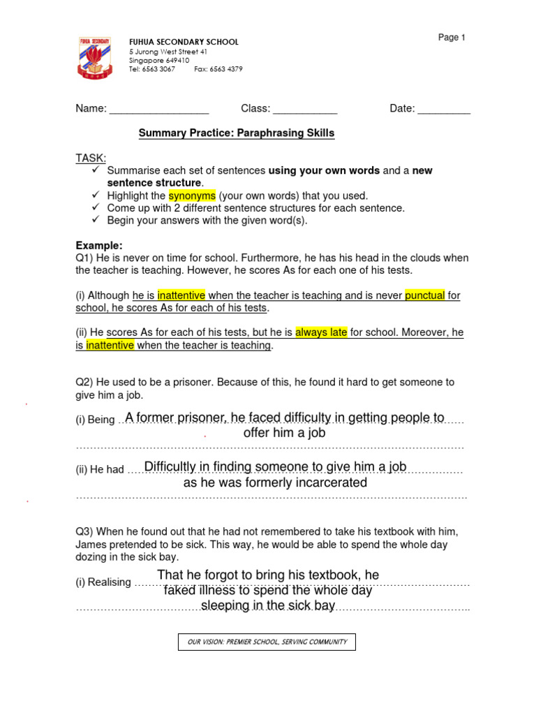2I4 Summary - Paraphrasing Practice | PDF