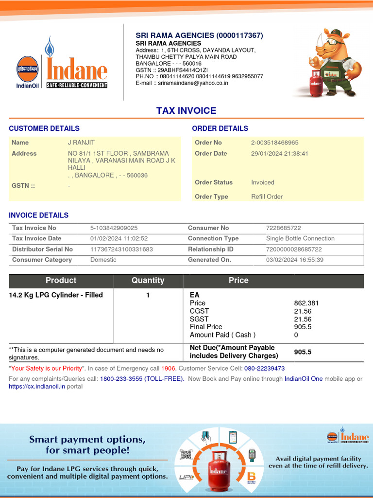 Sri Rama Agencies LPG Invoice Details | PDF
