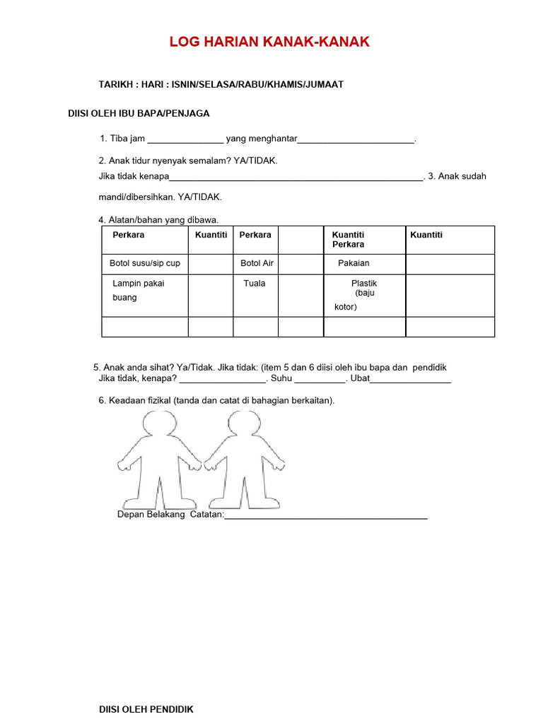 CONTOH LOG HARIAN KANAK-KANAK 3-4 Tahun | PDF